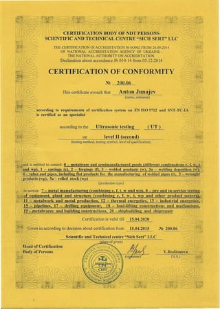 Anton Junajev UT Level II Personal cert | PDF | Medical Tests | Medical ...
