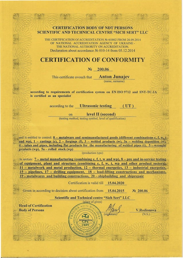 Anton Junajev UT Level II Personal cert | PDF | Medical Tests | Medical ...