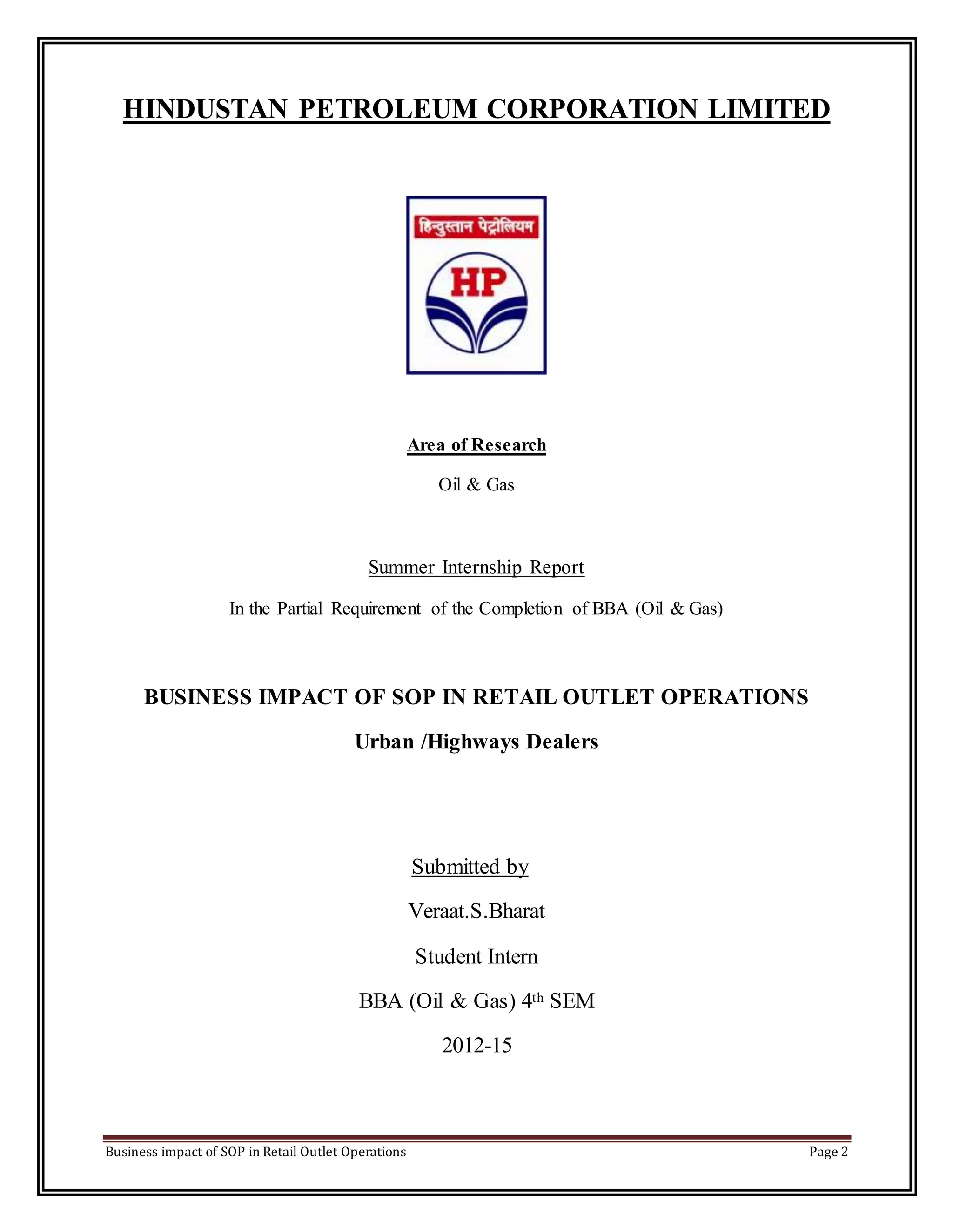 HPCL Summer internship report | DOCX