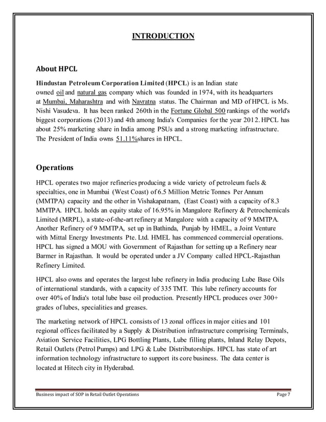 HPCL Summer internship report | DOCX