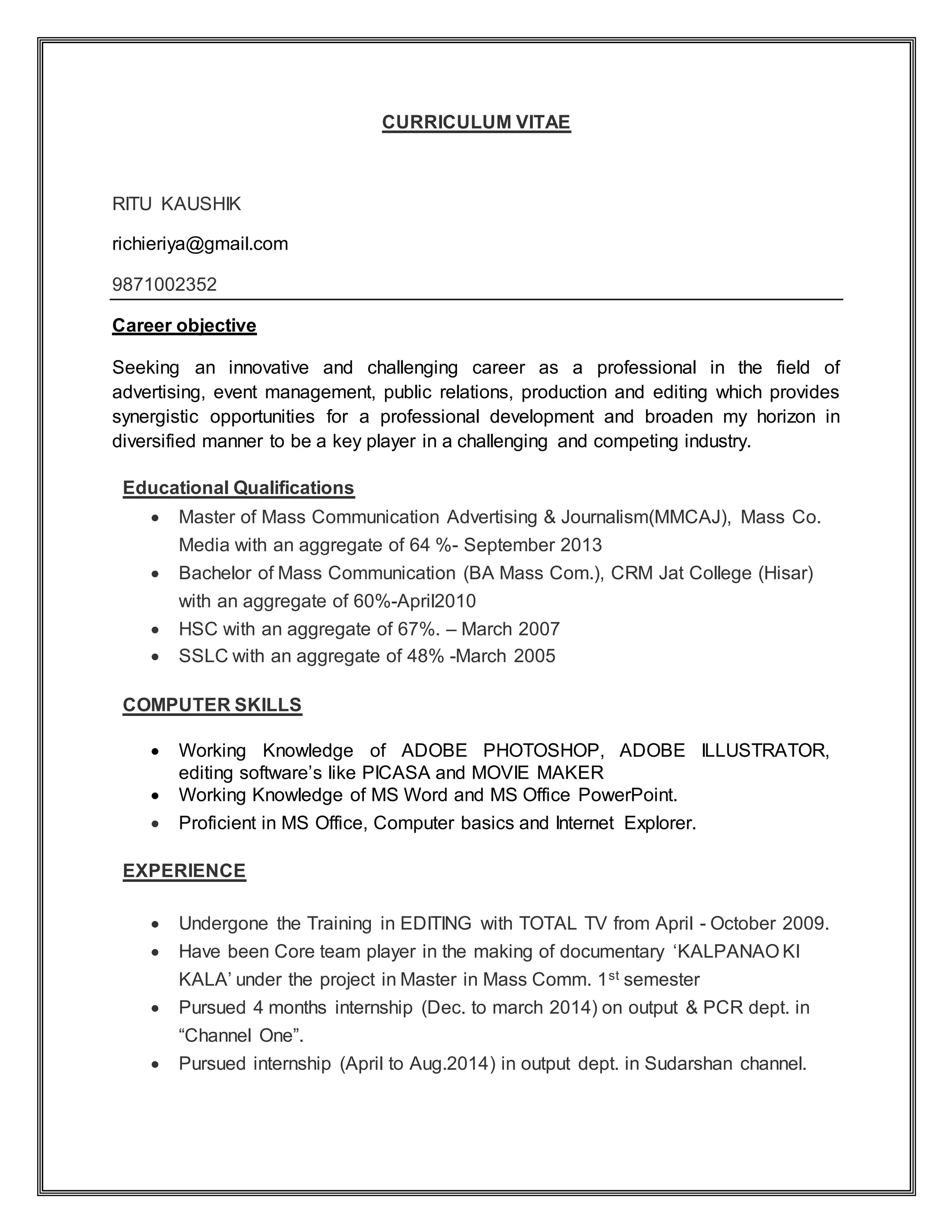 ritu kaushik resume | DOCX | Resume Writing and Advice | Job Search