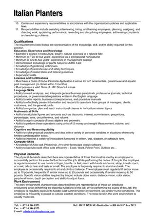 Job Description - Agriculture Engineer - Holticulturist | PDF