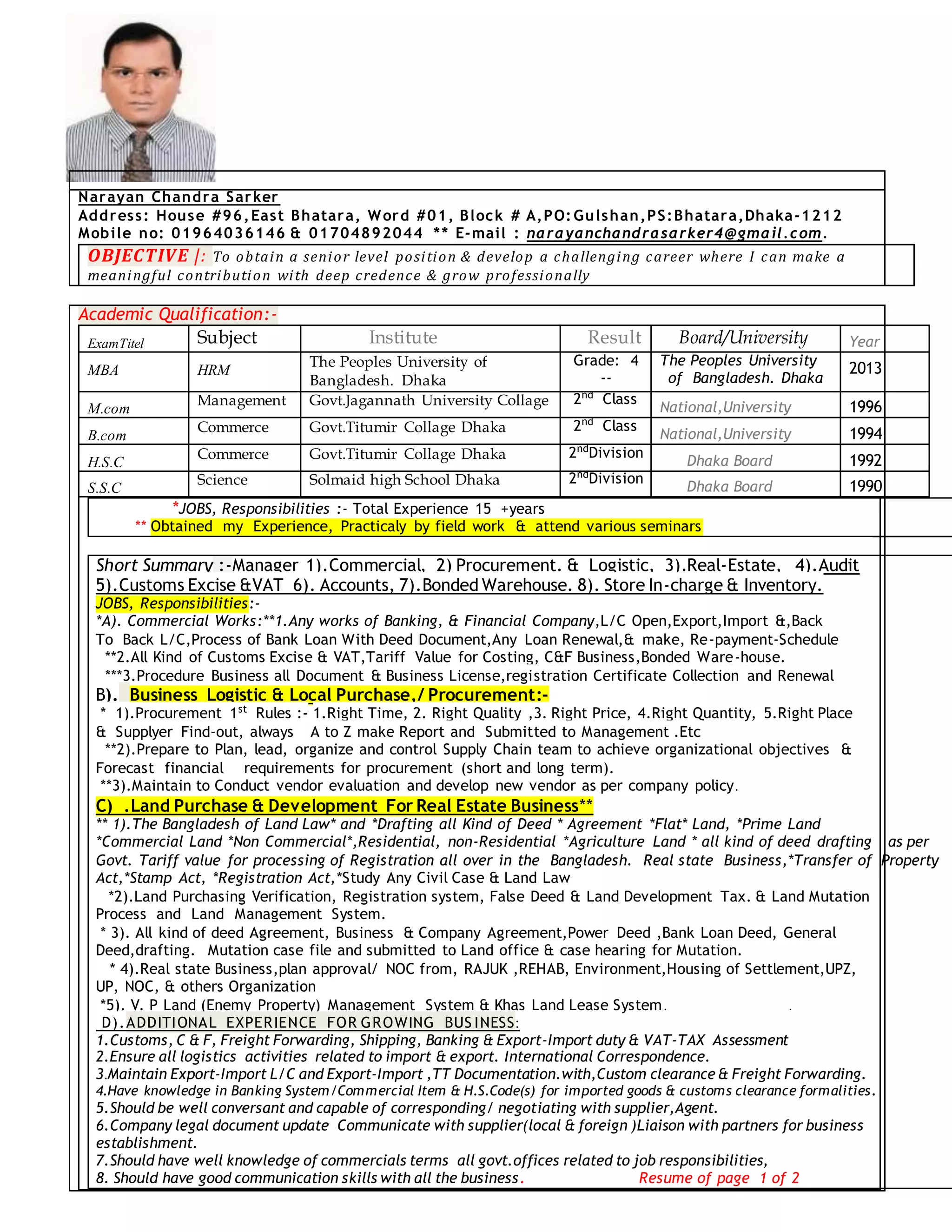 Resume of Narayan Chandra Sarker - Copy | PDF