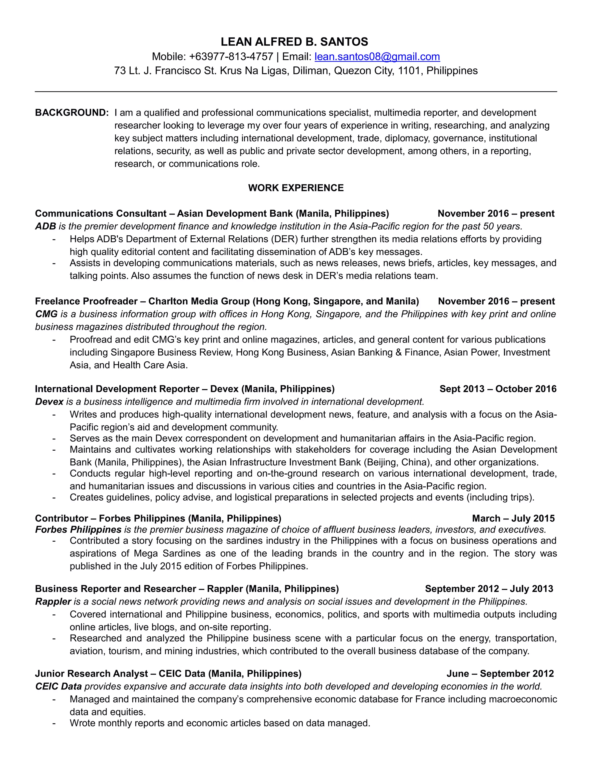 Lean Alfred Santos (Curriculum Vitae - UPDATED) | PDF