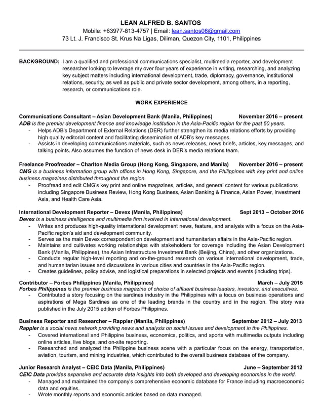 Lean Alfred Santos (Curriculum Vitae - UPDATED) | PDF | Business Banking & Finance | Business
