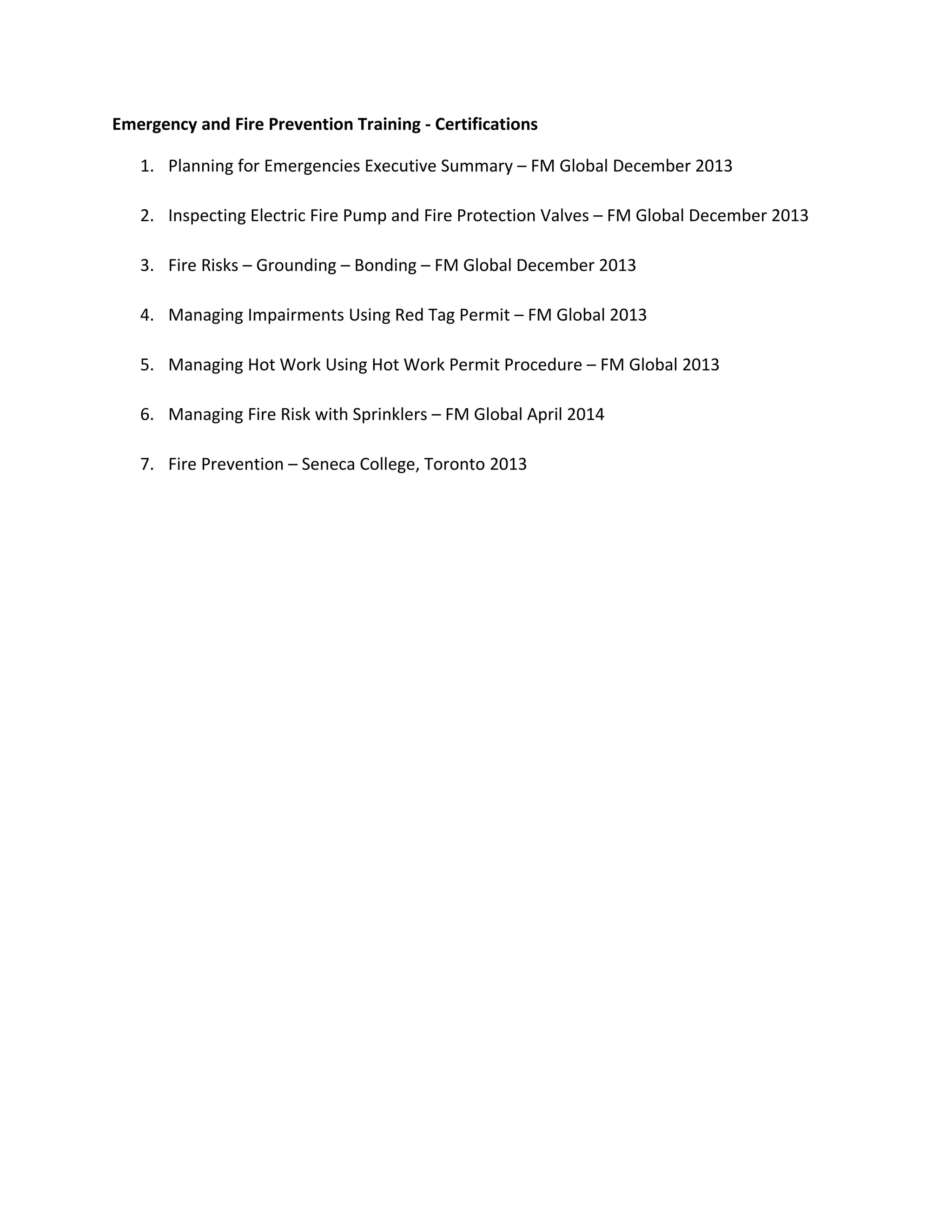 Emergency and Fire Prevention Training - Certifications | PDF