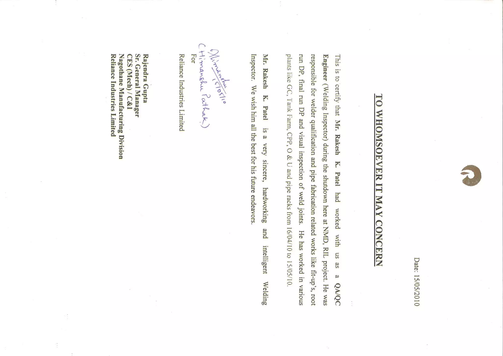 RELIANCE SHUTDOWN CERTIFICATE | PDF