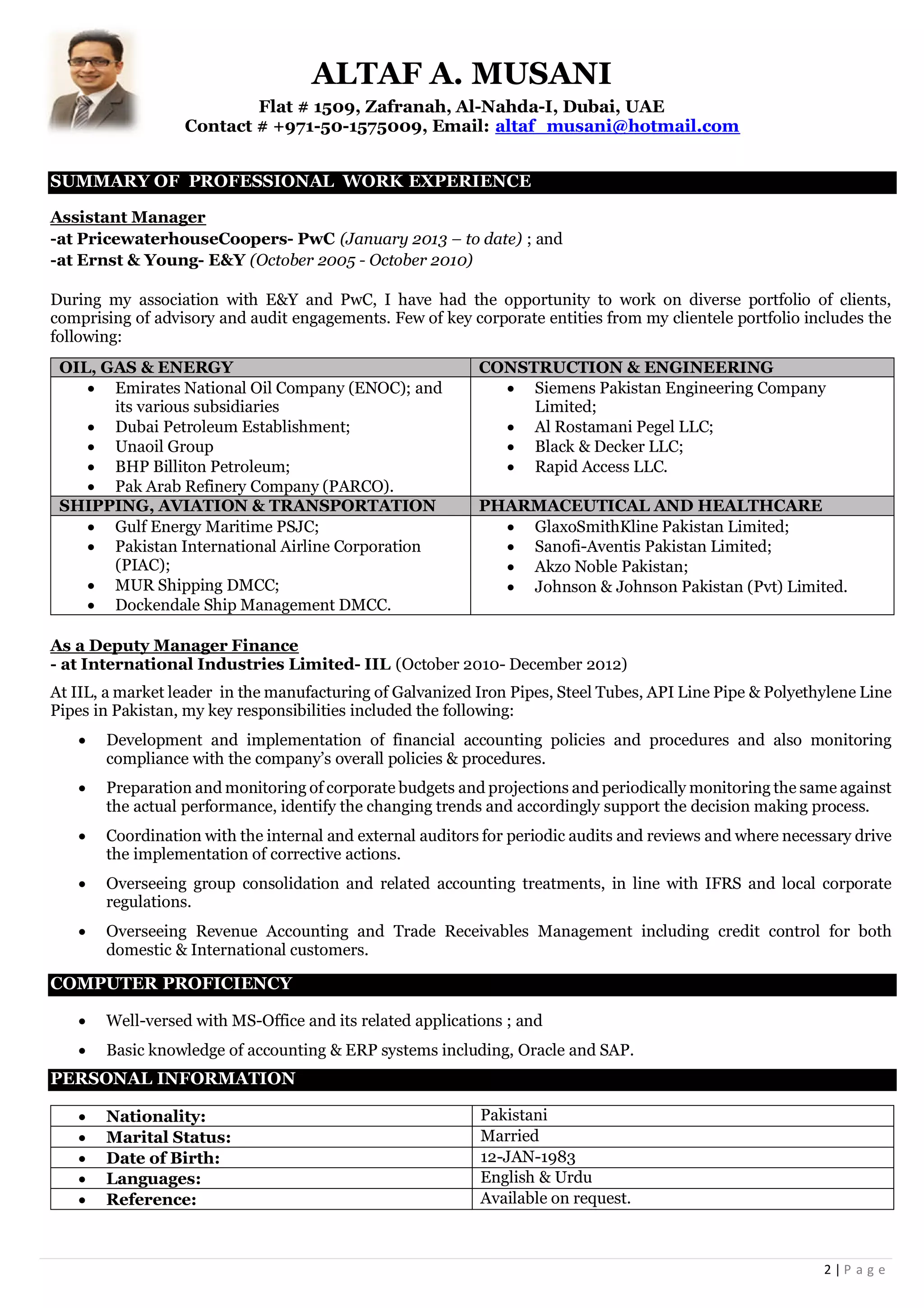 CV- Altaf A. Musani | PDF | Business Accounting & Finance | Business