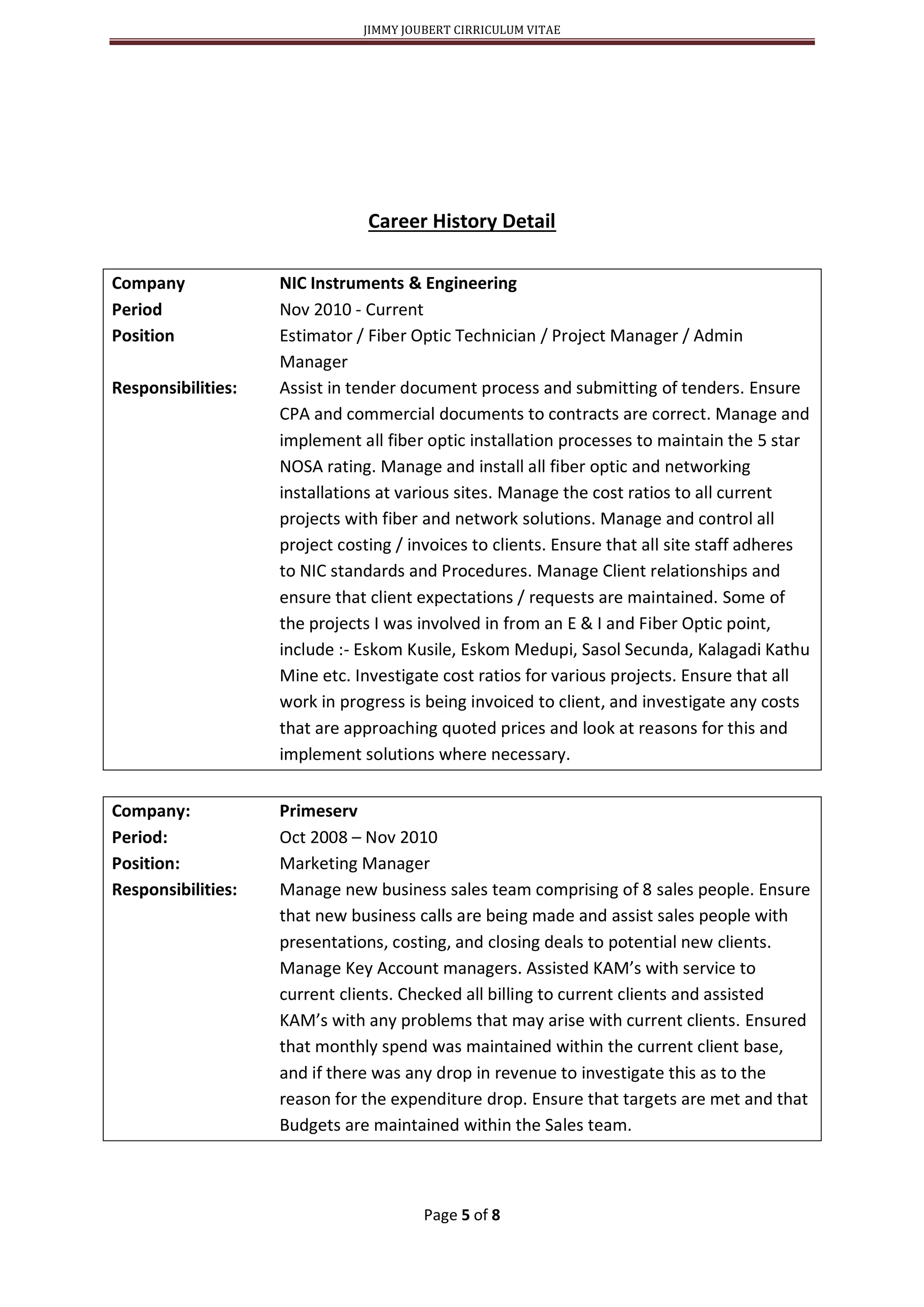 Jimmy Joubert CV | PDF