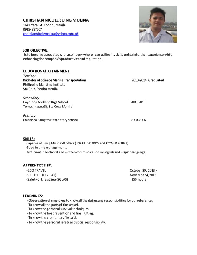 Curriculum vitae- Christian Nicole Molina | PDF