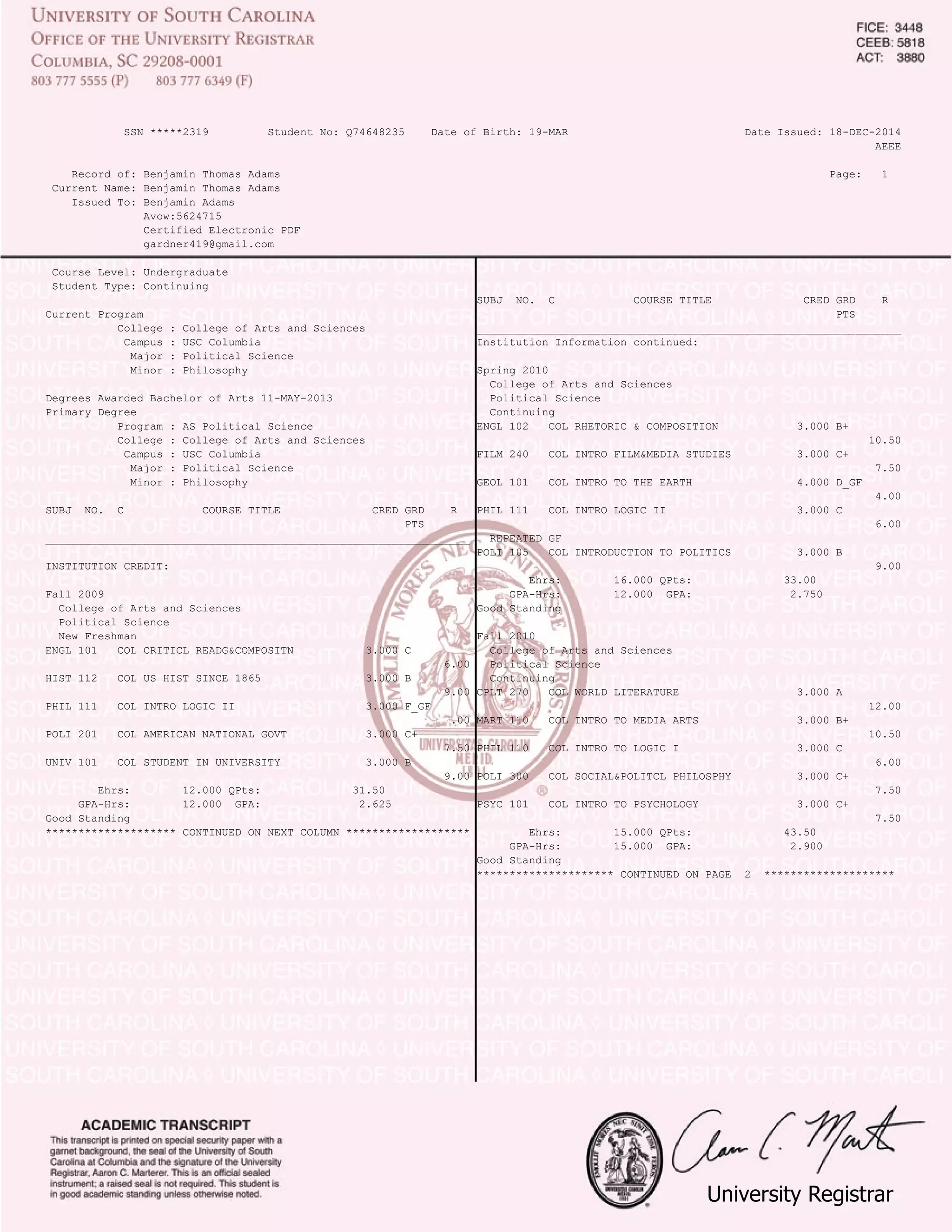 Benjamin Adams - USC Transcript | PDF