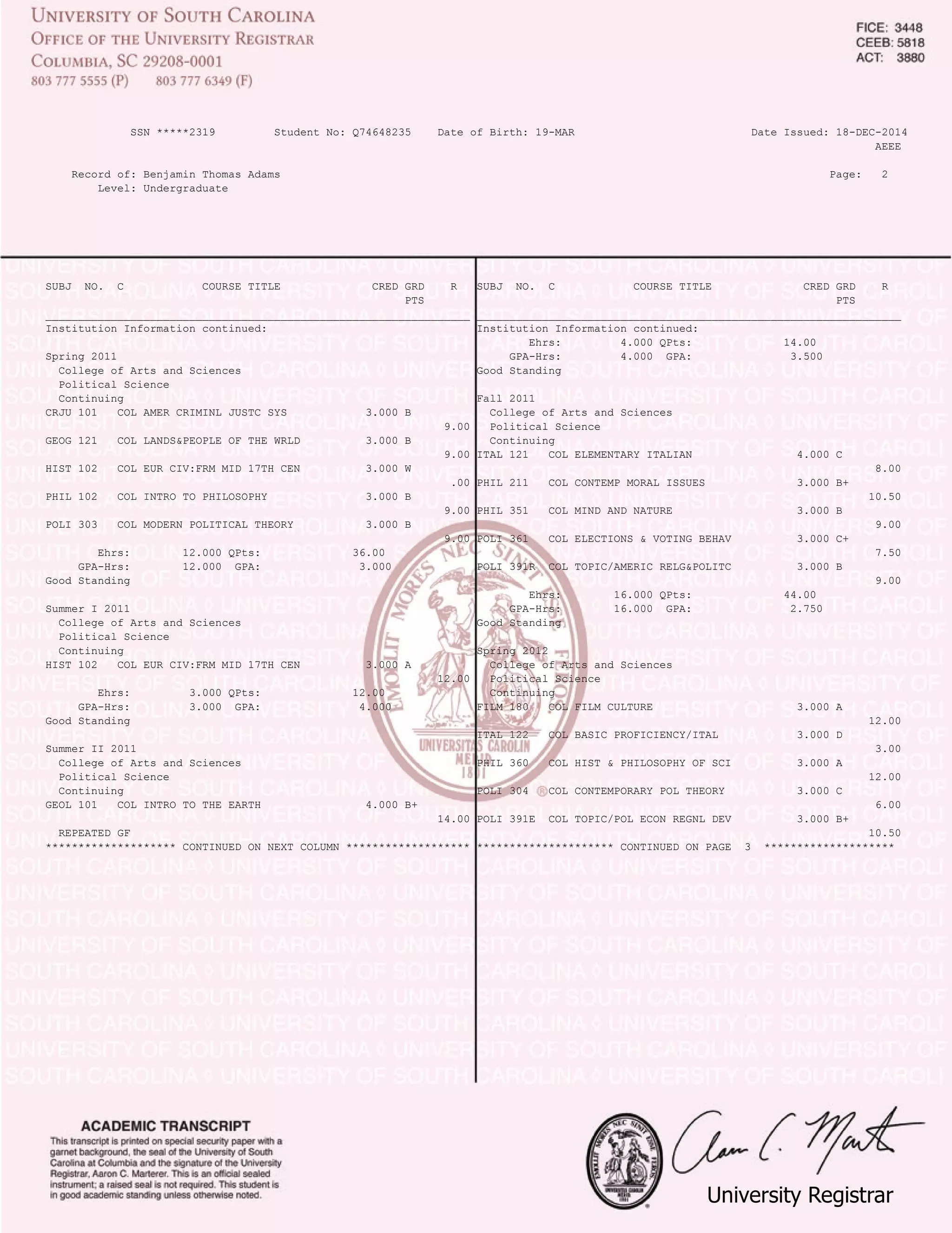 Benjamin Adams - USC Transcript | PDF