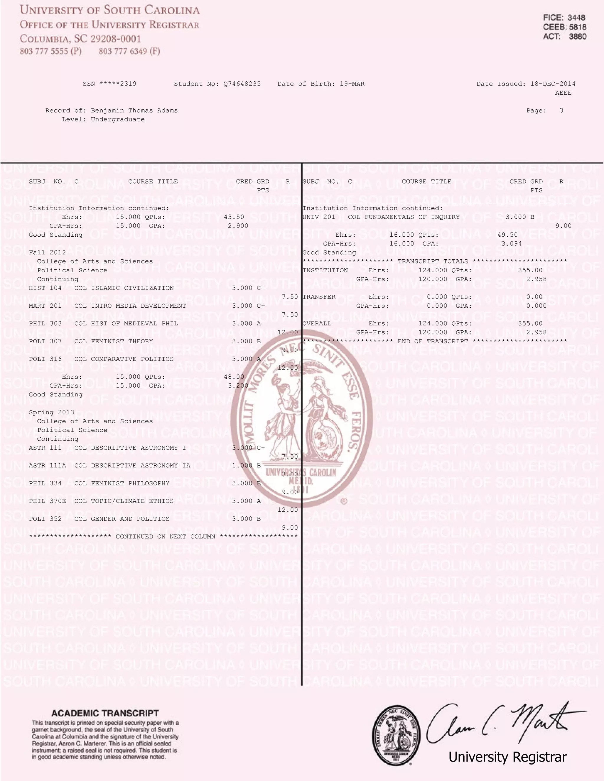 Benjamin Adams - USC Transcript | PDF