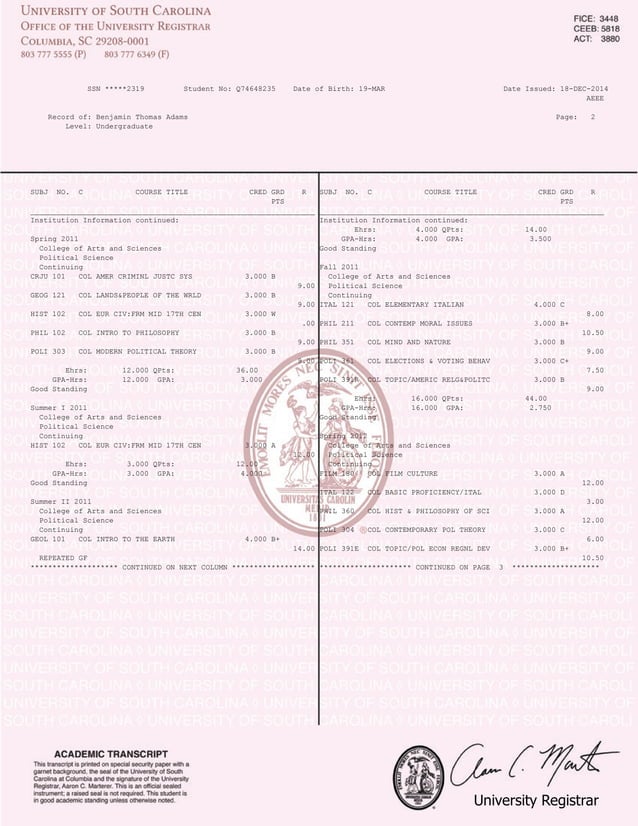 Benjamin Adams - USC Transcript | PDF