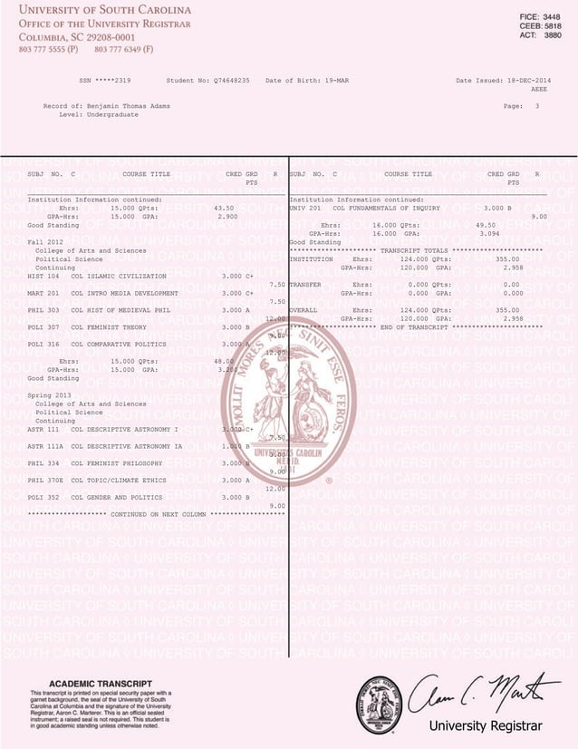 Benjamin Adams - USC Transcript | PDF