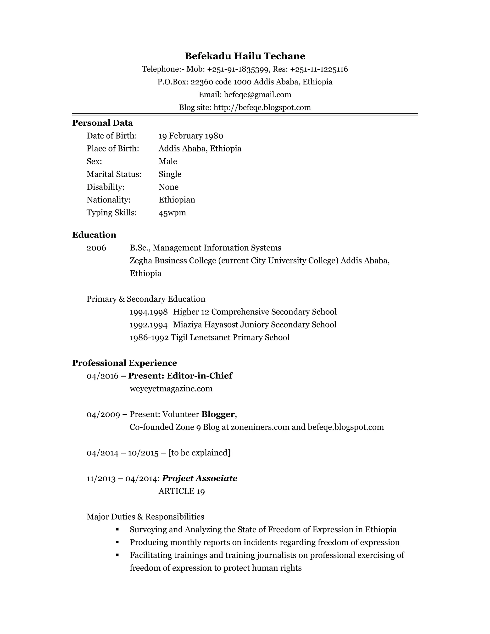 Resume(Befekadu Hailu) | DOC