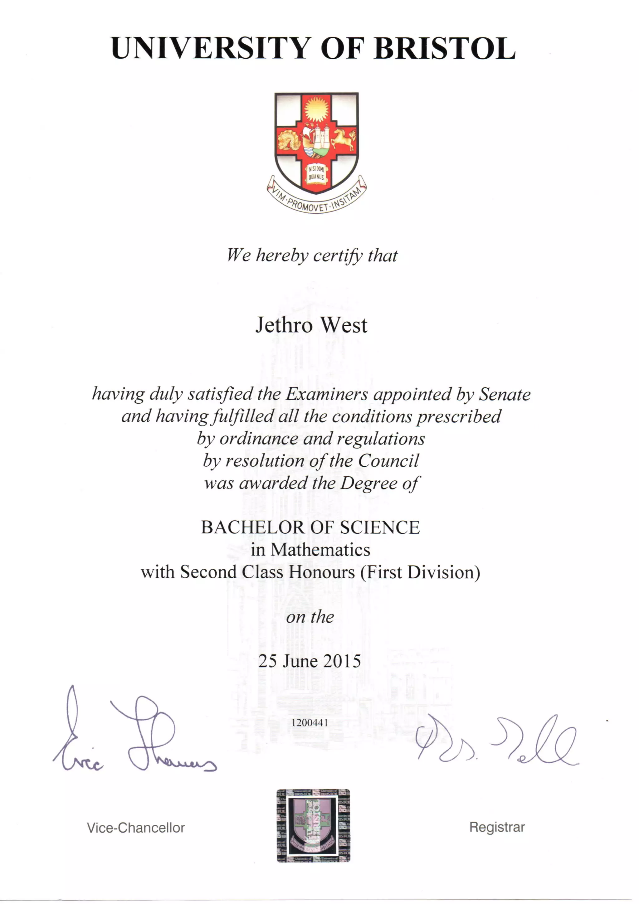 Jethro West - Degree Certificate | PDF
