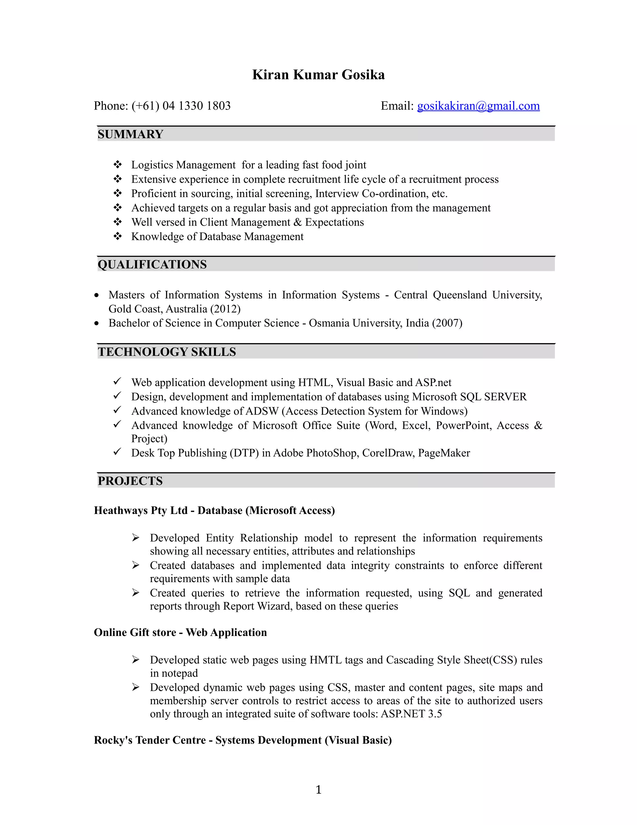 Kiran Kumar Gosika | DOC | Databases | Computer Software and Applications