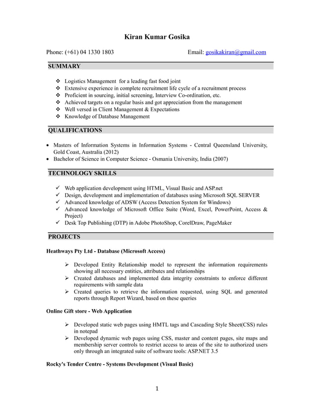 Kiran Kumar Gosika | DOC | Databases | Computer Software and Applications