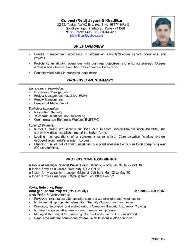 CV Col Jayant Khadilkar 31 Oct 2016 | PDF