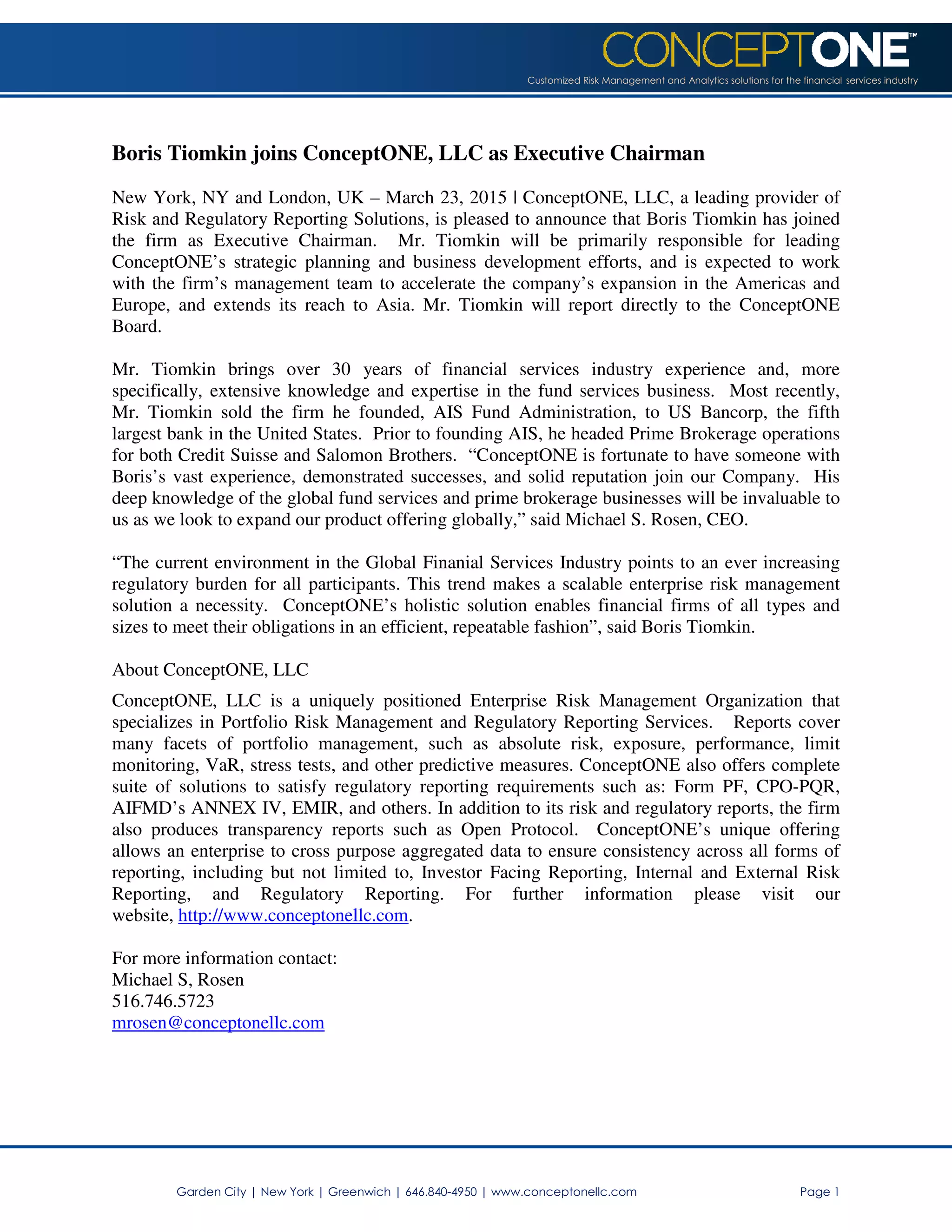 ConceptONE Press Release - Boris Tiomkin | PDF