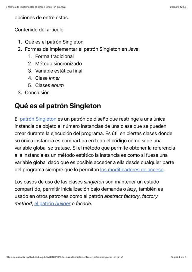 5 Formas De Implementar El Patrón Singleton En Javapdf 