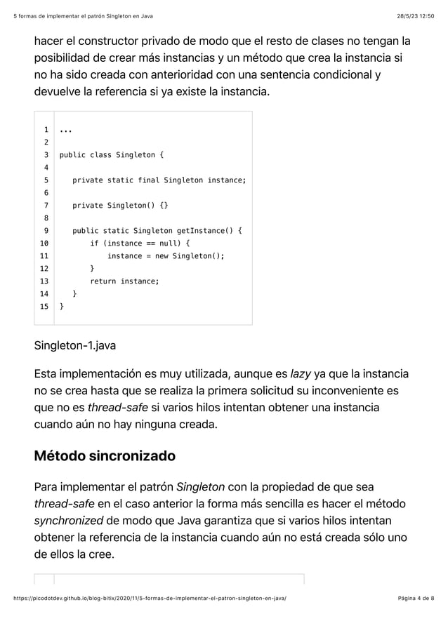 5 Formas De Implementar El Patrón Singleton En Javapdf