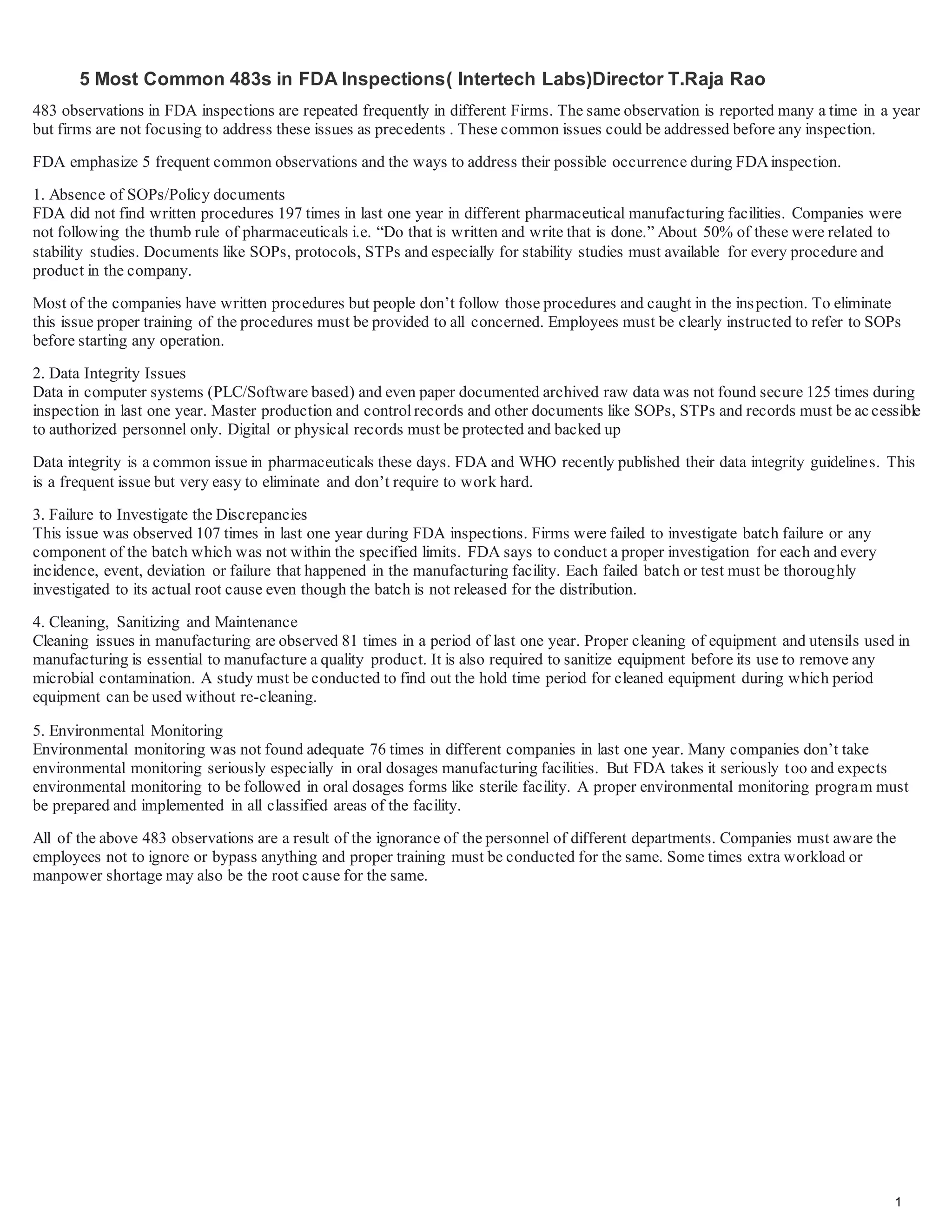 5 frequent 483s in fda inspections | DOC