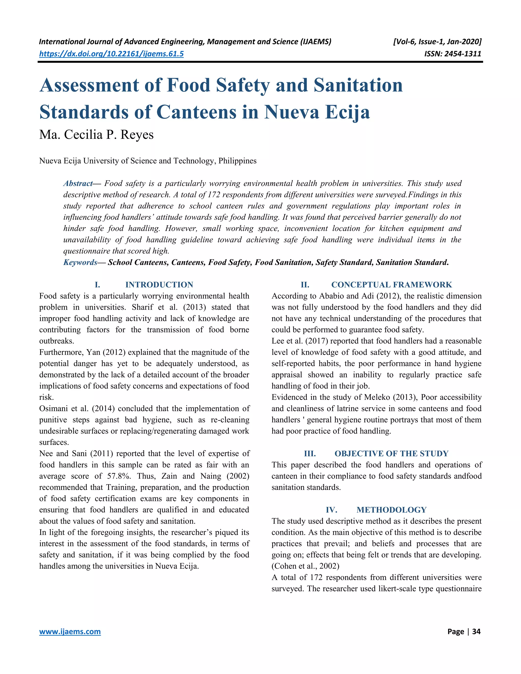 Assessment of Food Safety and Sanitation Standards of Canteens in Nueva ...
