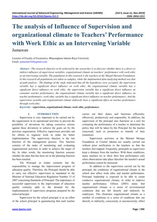 The analysis of Influence of Supervision and organizational climate to Teachers’ Performance ...