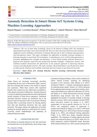 Anomaly Detection in Smart Home IoT Systems Using Machine Learning Approaches | PDF