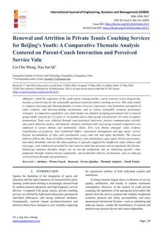 Renewal and Attrition in Private Tennis Coaching Services for Beijing's ...