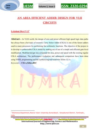 An Area Efficient Adder Design for VLSI Circuits | PDF | Publishing Industry | Industries