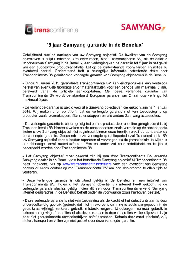 5 jaar verlengde samyang garantie in benelux | PDF