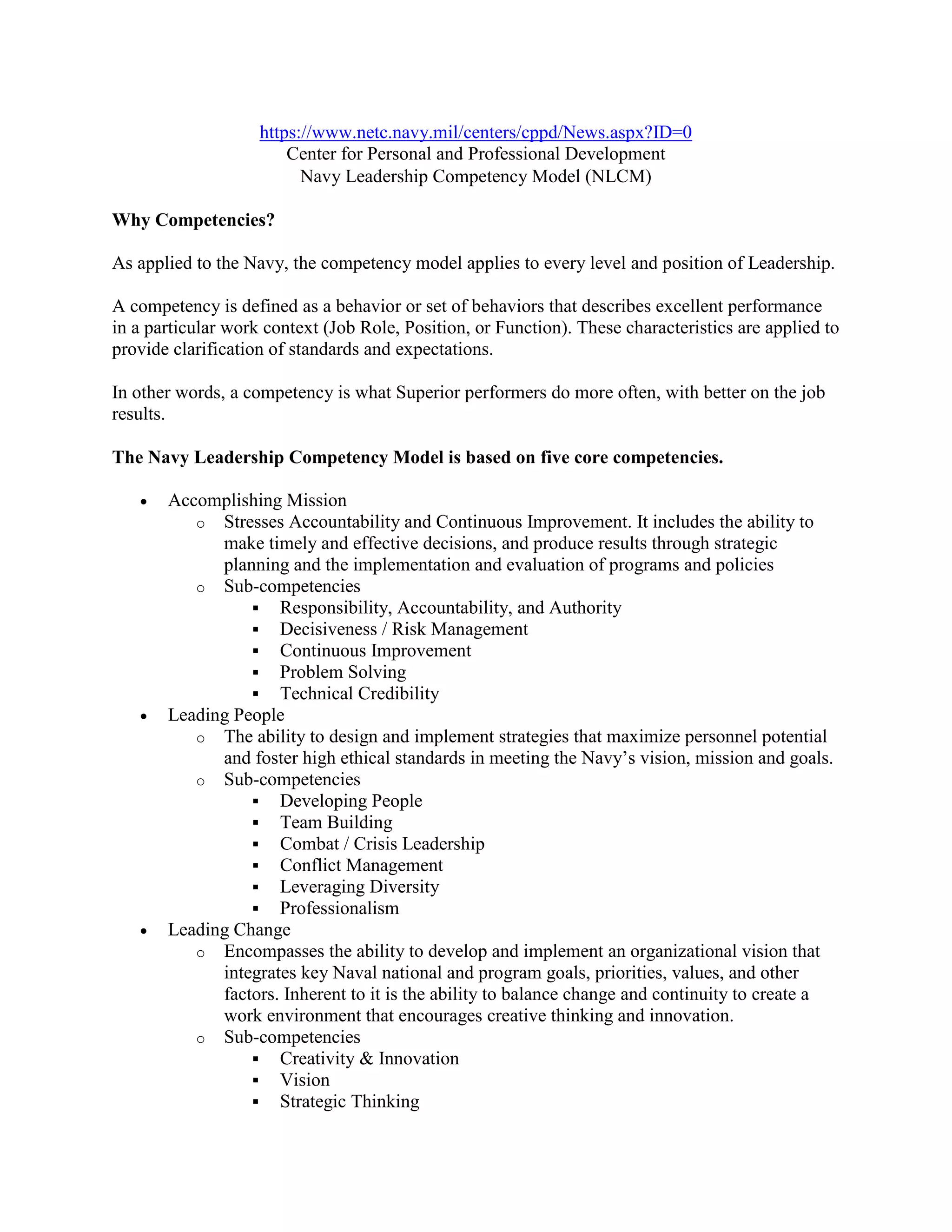 Navy Leadership Competency Model (NLCM) 5 Core Competencies | PDF