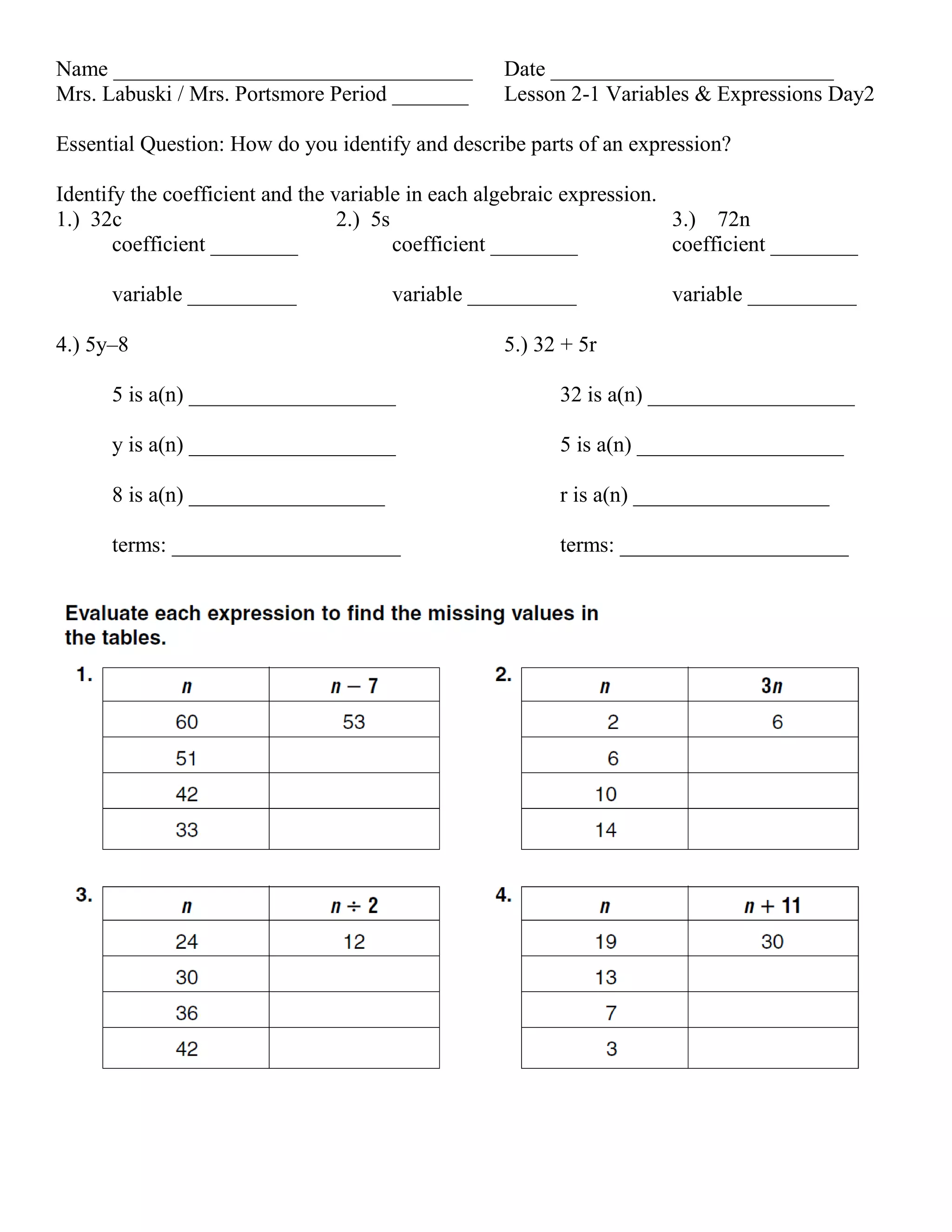5 lesson 2 1 day 2 variables & expressions | PDF