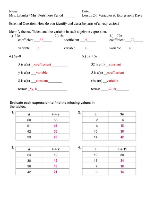 5 lesson 2 1 day 2 variables & expressions | PDF