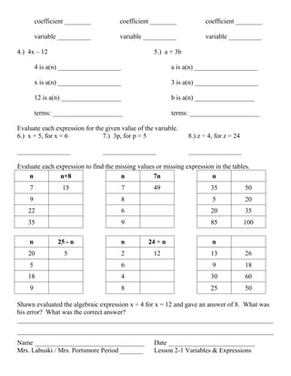 5 lesson 2 1 variables & expressions | PDF