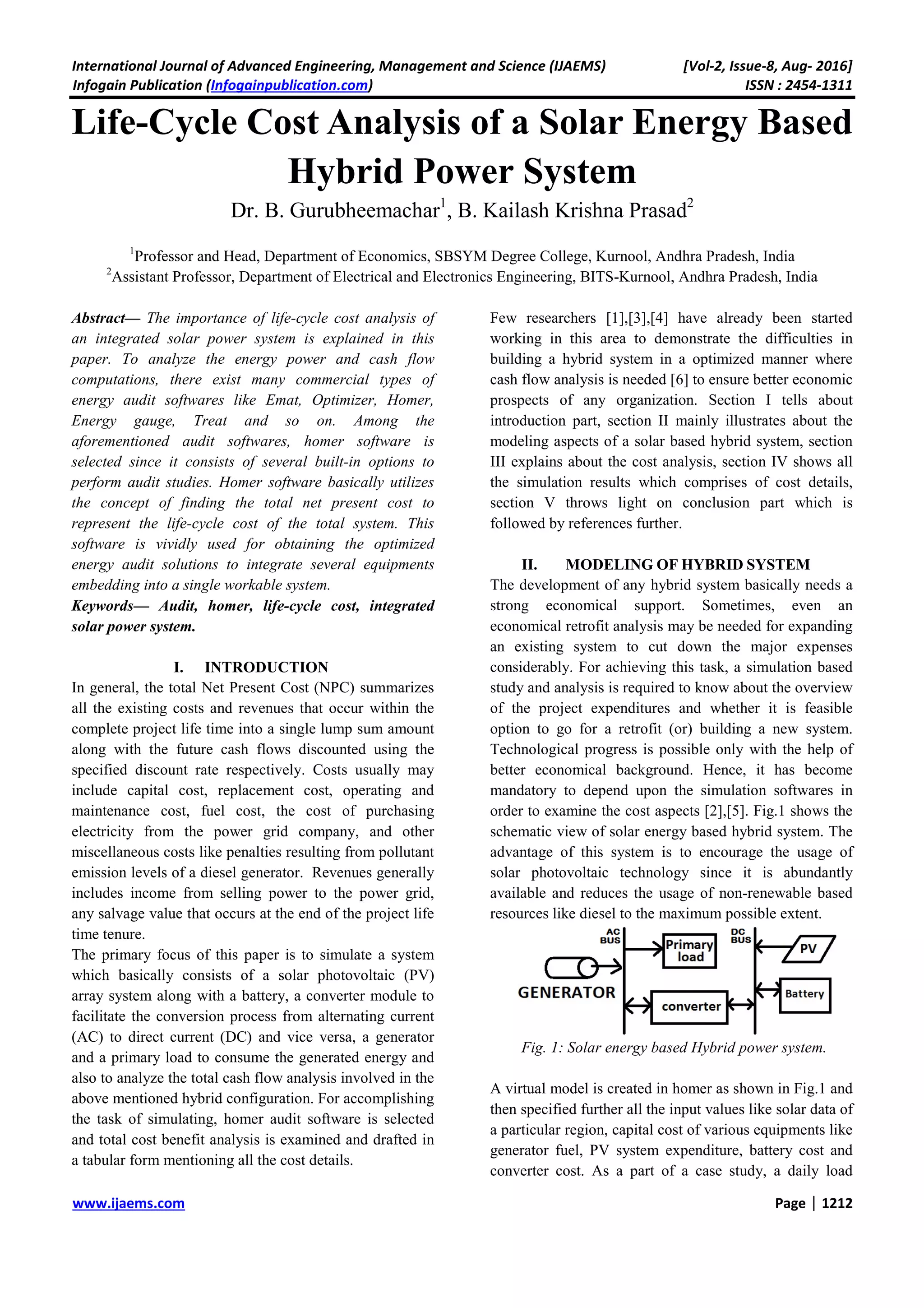 life cycle cost analysis of a solar energy based hybrid power system | PDF