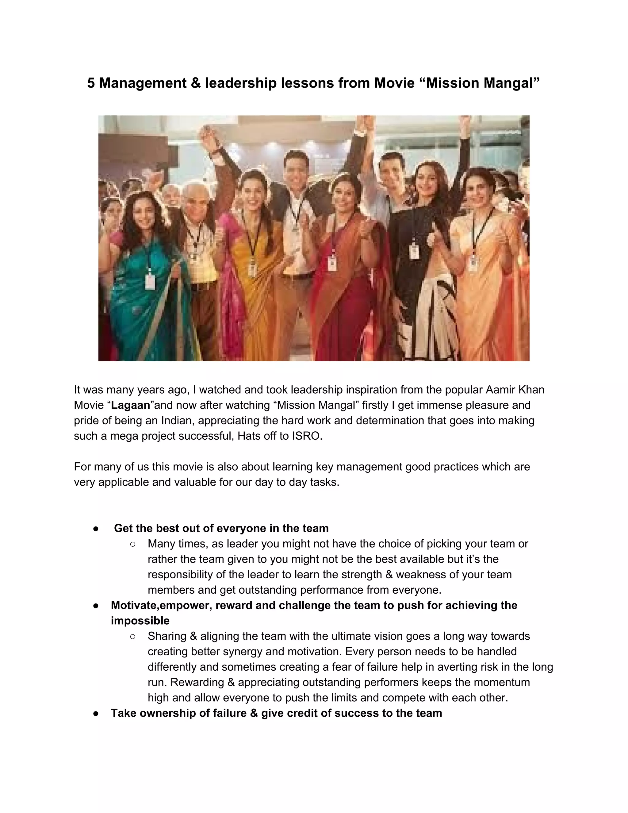 5 management & leadership lessons from movie mission mangal | PDF