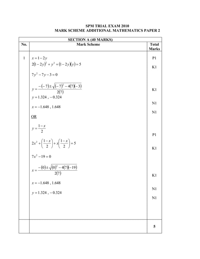 5 marks scheme for add maths paper 2 trial spm | PDF