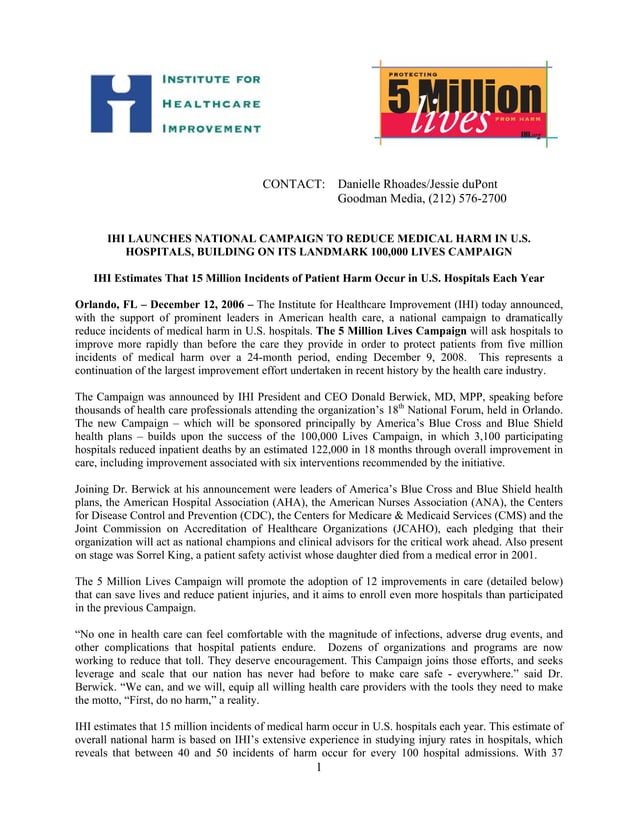 IHI LAUNCHES NATIONAL CAMPAIGN TO REDUCE MEDICAL HARM IN U.S. HOSPITALS ...