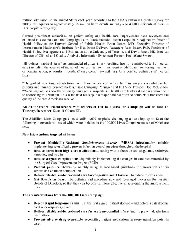 IHI LAUNCHES NATIONAL CAMPAIGN TO REDUCE MEDICAL HARM IN U.S. HOSPITALS ...