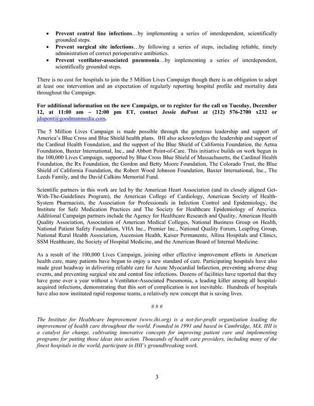 IHI LAUNCHES NATIONAL CAMPAIGN TO REDUCE MEDICAL HARM IN U.S. HOSPITALS ...