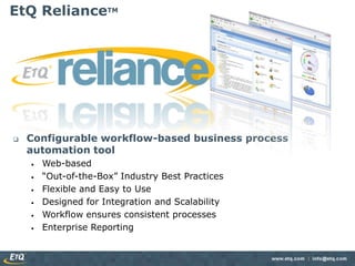 EtQ Reliance: Solution for Enterprise Compliance Management | PPT