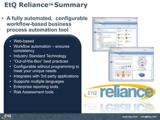 EtQ Reliance: Solution for Enterprise Compliance Management | PPTX