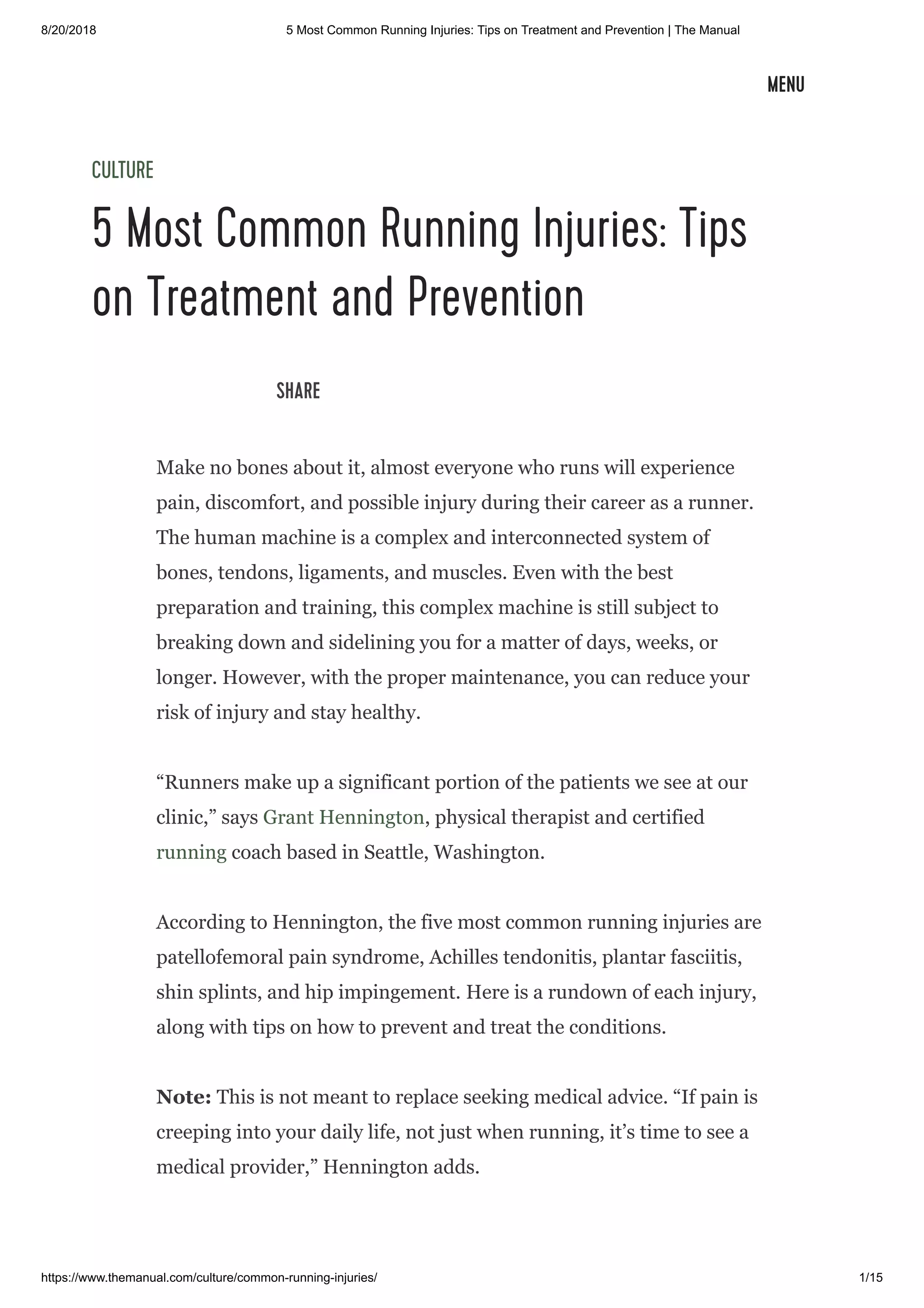 5 most common running injuries tips on treatment and prevention | PDF