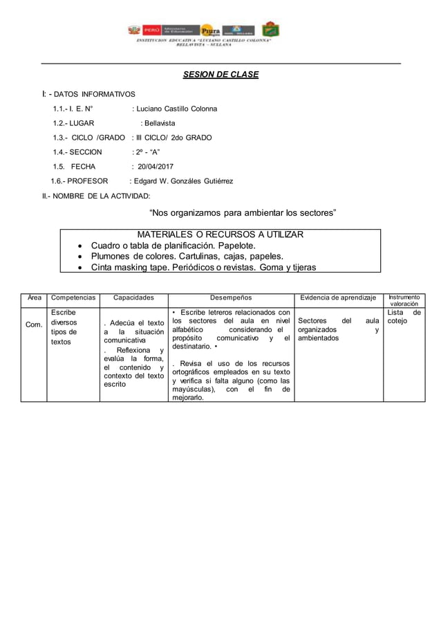 Sesión de clase "Nos organizamos para ambientar sectores" | PDF