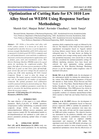 Optimization of Cutting Rate for EN 1010 Low Alloy Steel on WEDM Using Response Surface ...