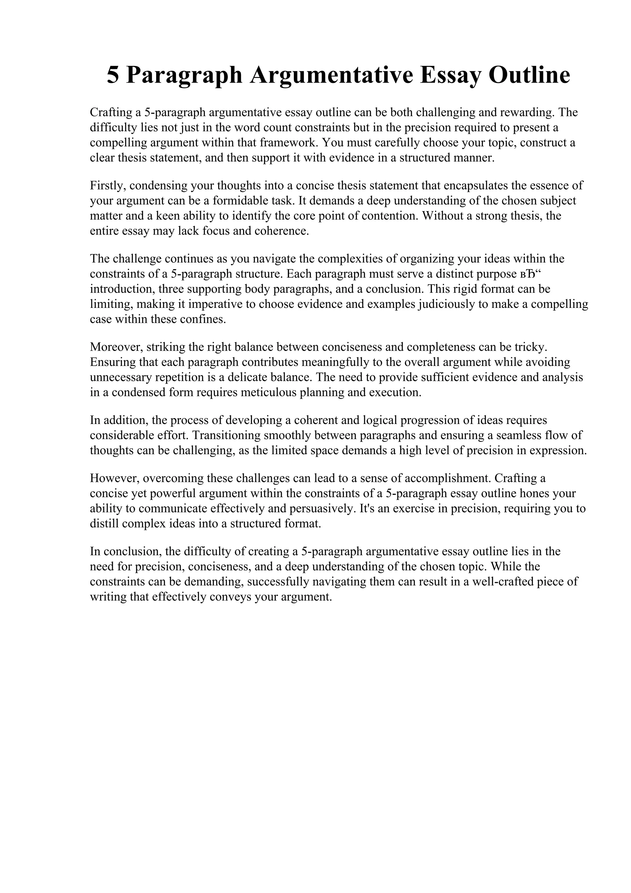 5 Paragraph Argumentative Essay Outline | PDF